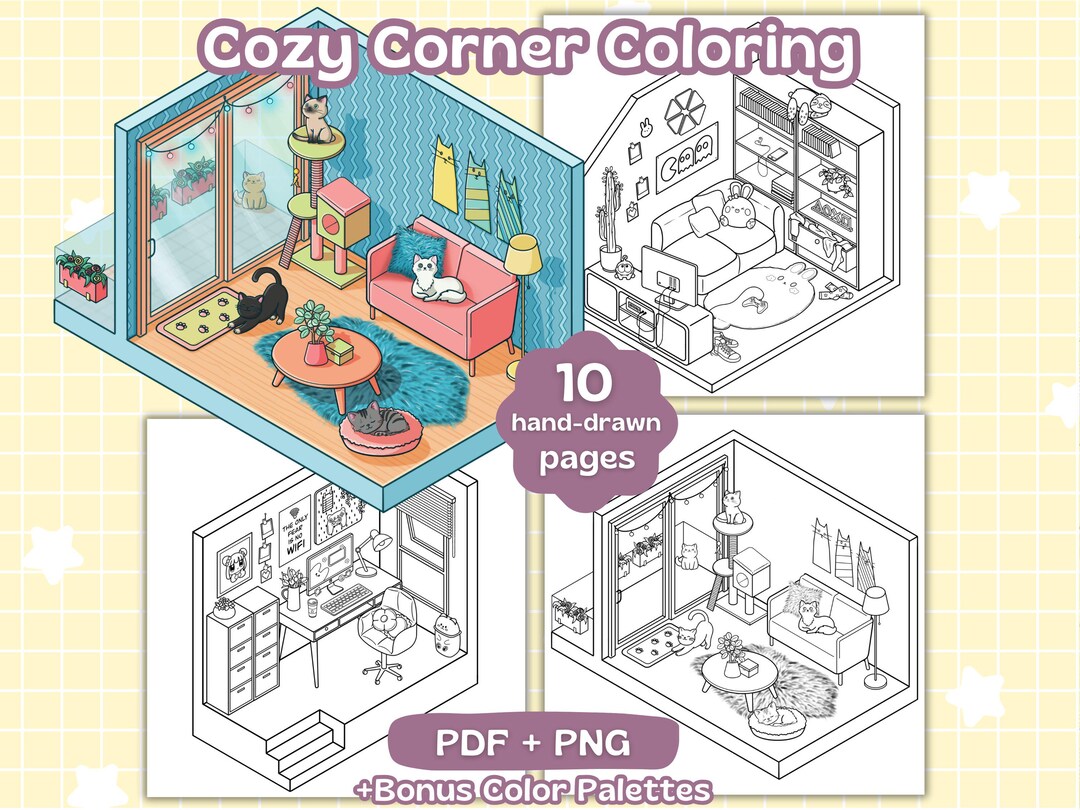 Cozy Corner Coloring Pages | Pocket Room Coloring for Adults | Hand ...