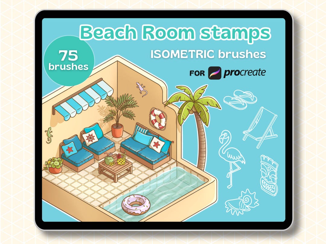 Procreate Isometric Stamps | Beach Room Brush Pack | 75 Hand Drawn ...