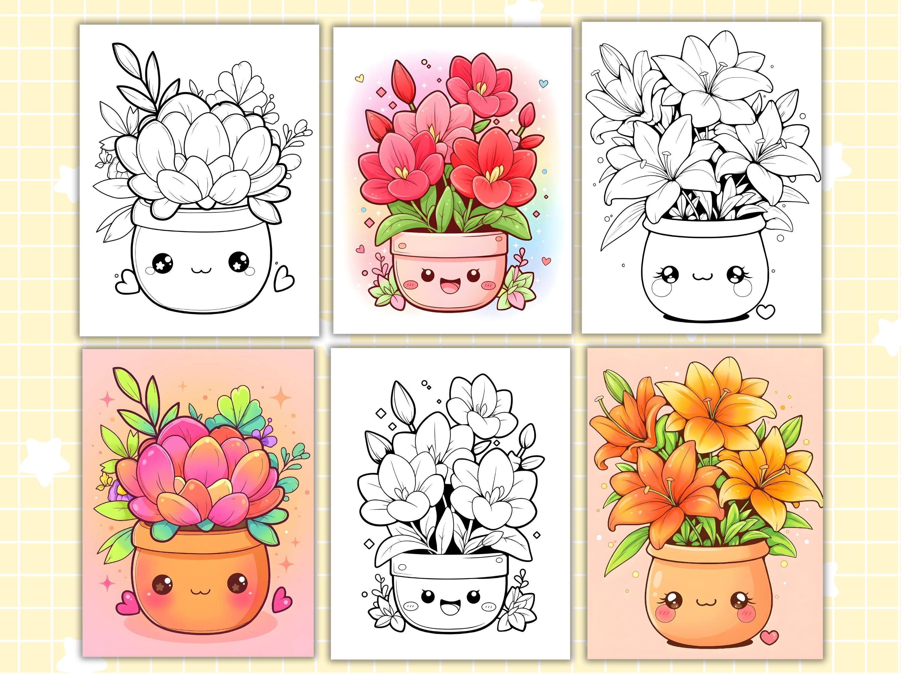 Kawaii Flowers Coloring Pages | Digital Download | Adult Coloring Book ...
