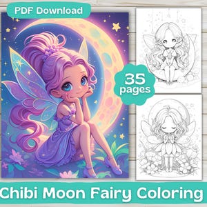 35 Chibi Moon Fairy Coloring Pages | Digital Download | Adult Coloring ...