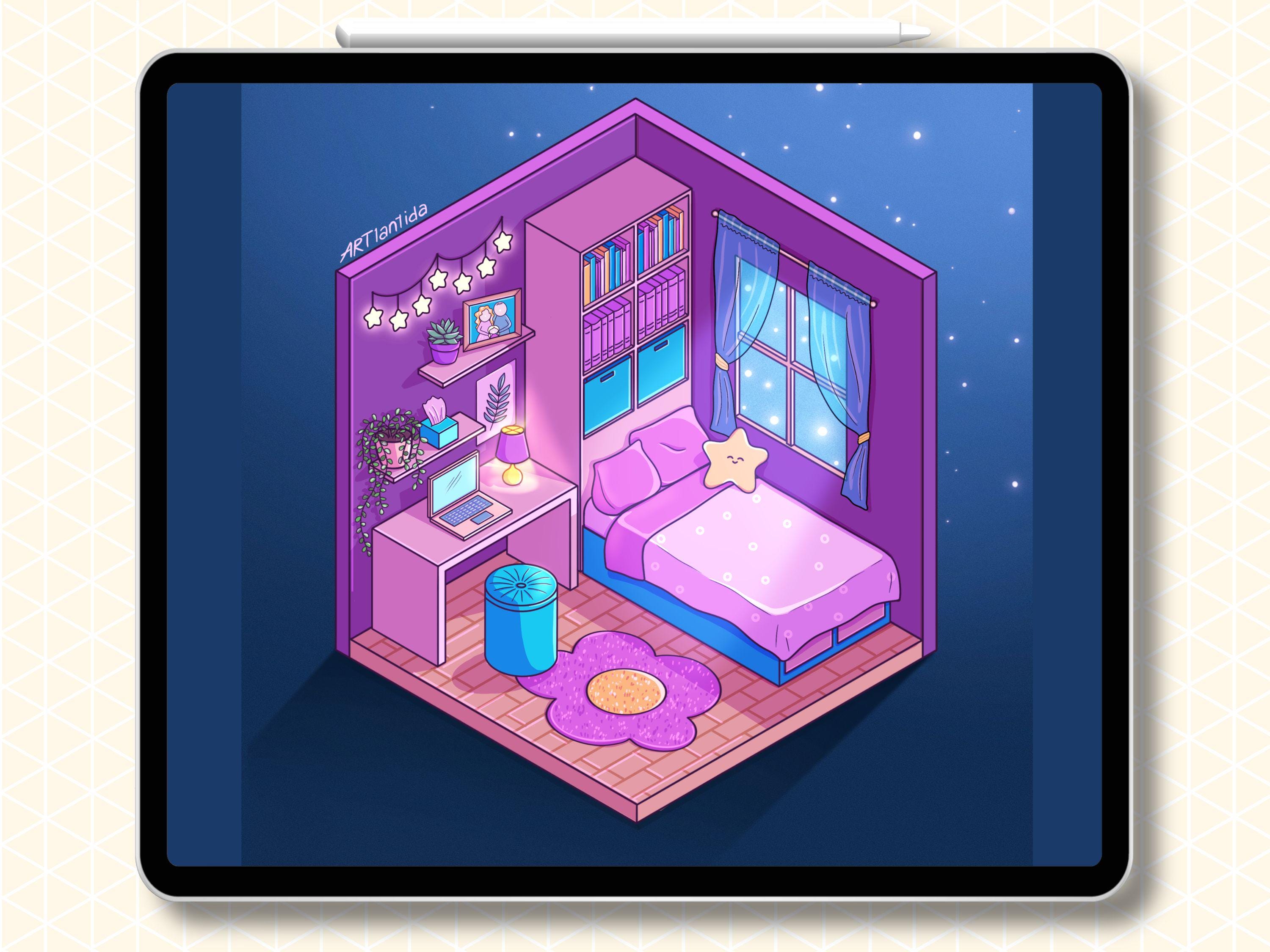 Procreate Isometric Stamps | Cute Bedroom Brush Pack | 55 Hand Drawn ...