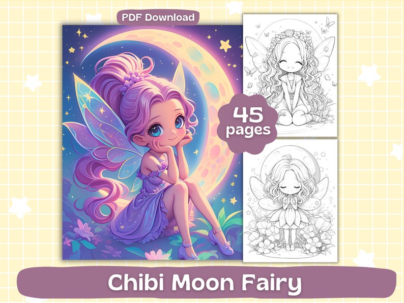 Chibi Moon Fairy Coloring Pages | Digital Download | Adult Coloring ...