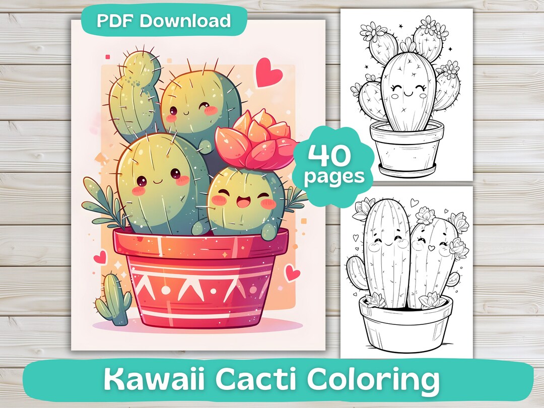 40 Kawaii Cactus Coloring Pages | Digital Download | Adult Coloring ...