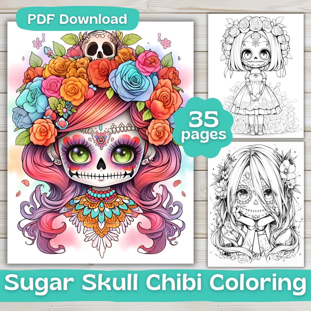 35 Sugar Skull Chibi Girls Coloring Pages Digital Download Adult ...