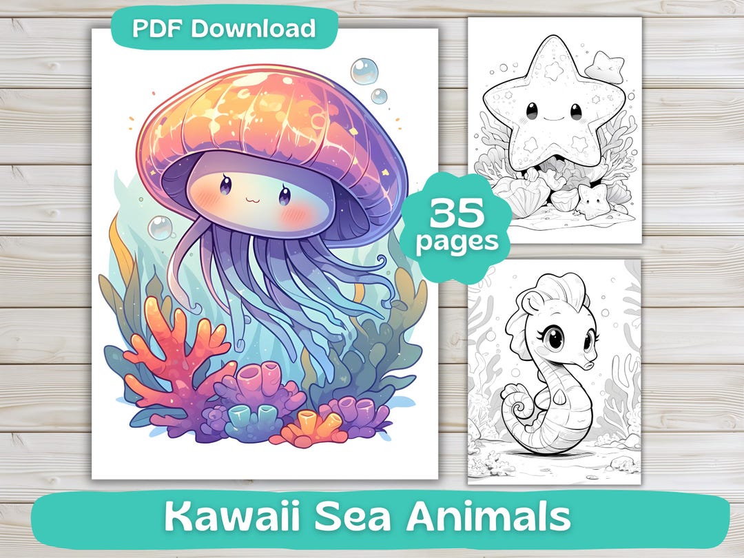 Kawaii Sea Animals | 35 Coloring Pages | Digital Download | Adult ...