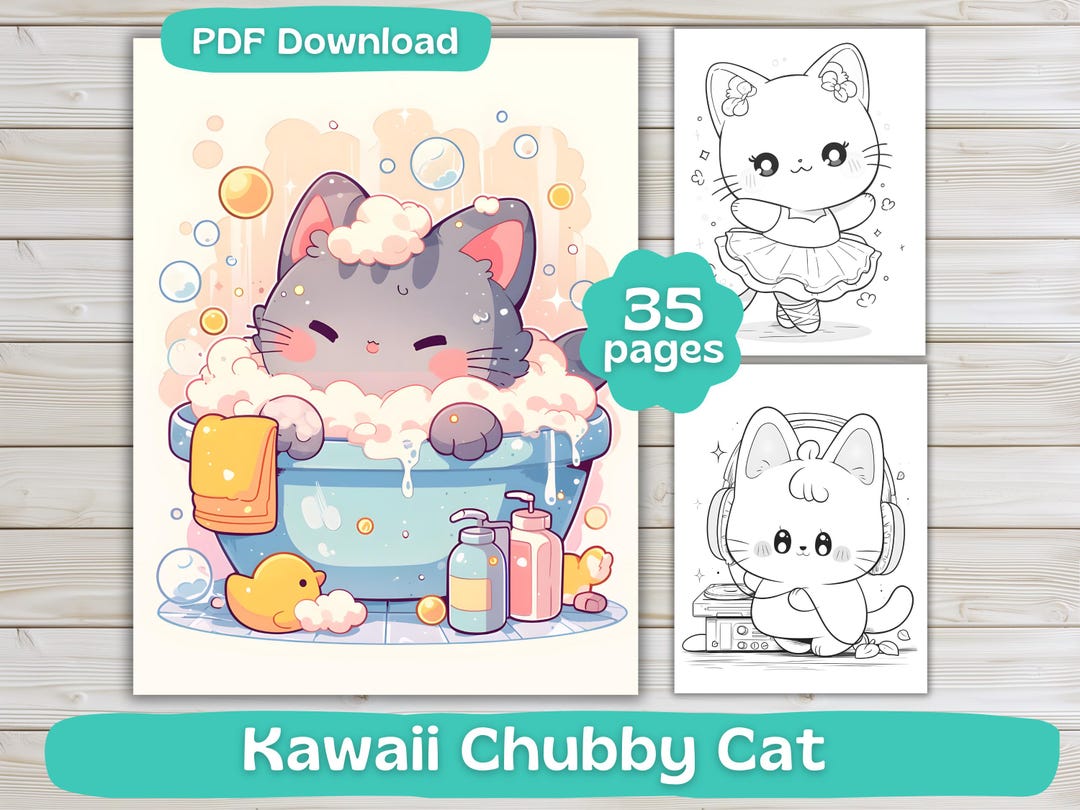Kawaii Chubby Cats | 35 Coloring Pages | Digital Download | Adult ...