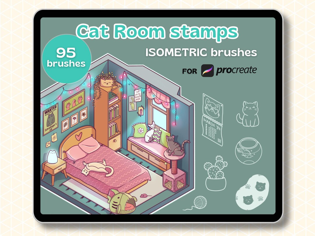 Procreate Isometric Stamps | Cat Room Brush Pack | 95 Hand Drawn ...