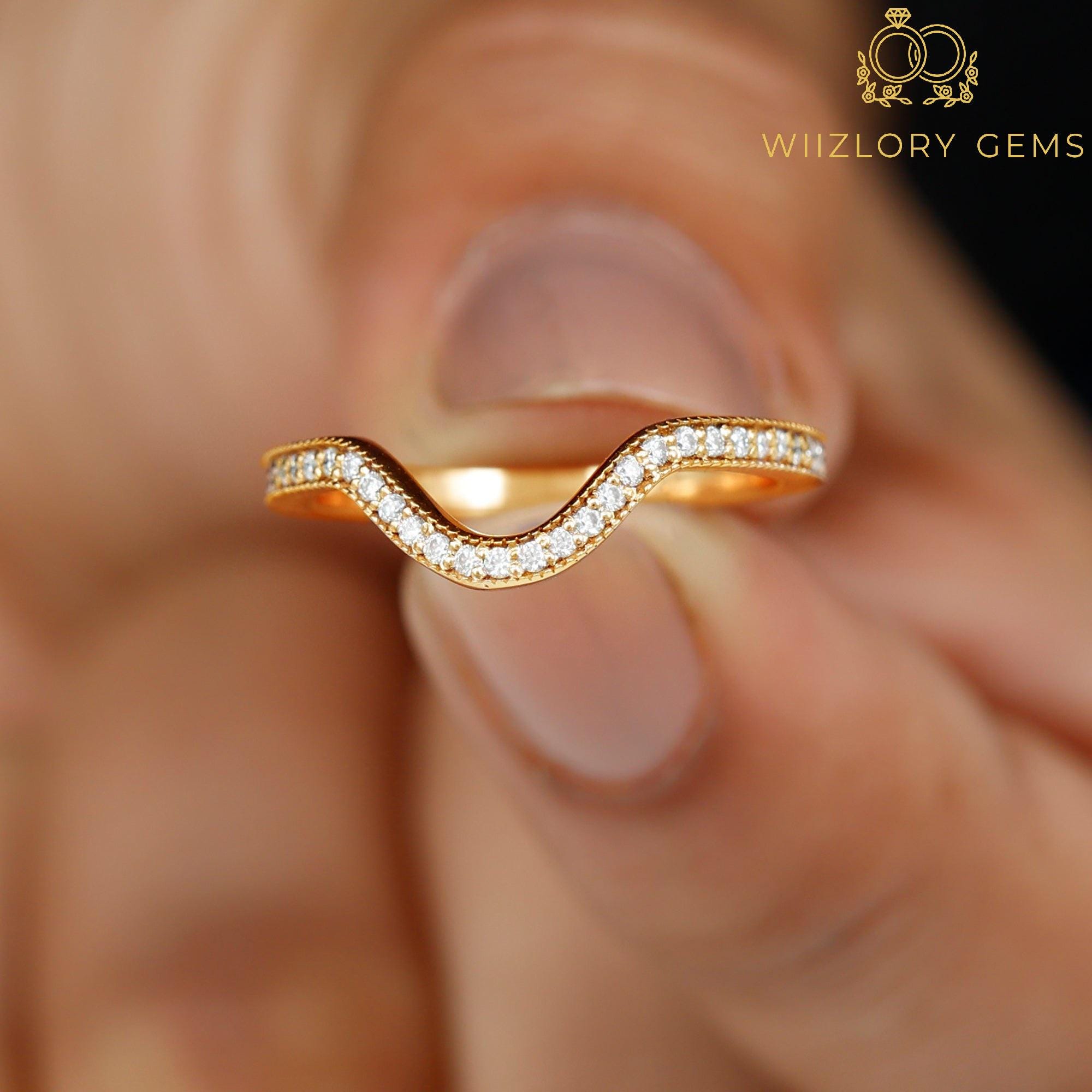 Buy Chevron Band V Shaped Round Diamond Minimalist Ring, Curved Wedding ...