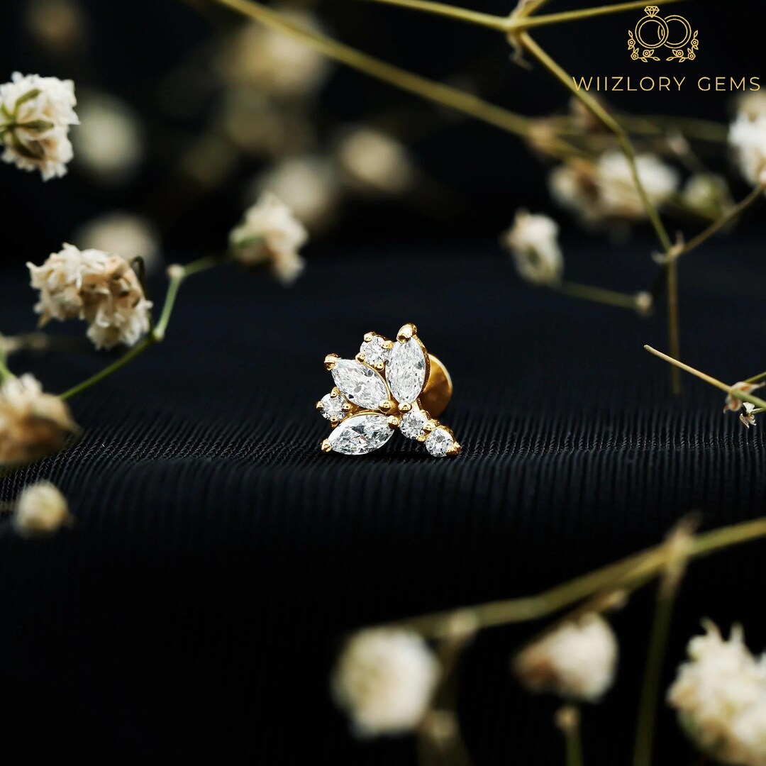 14K Gold Marquise Lab Diamond Lotus Cartilage Stud Conch Tragus Earring ...