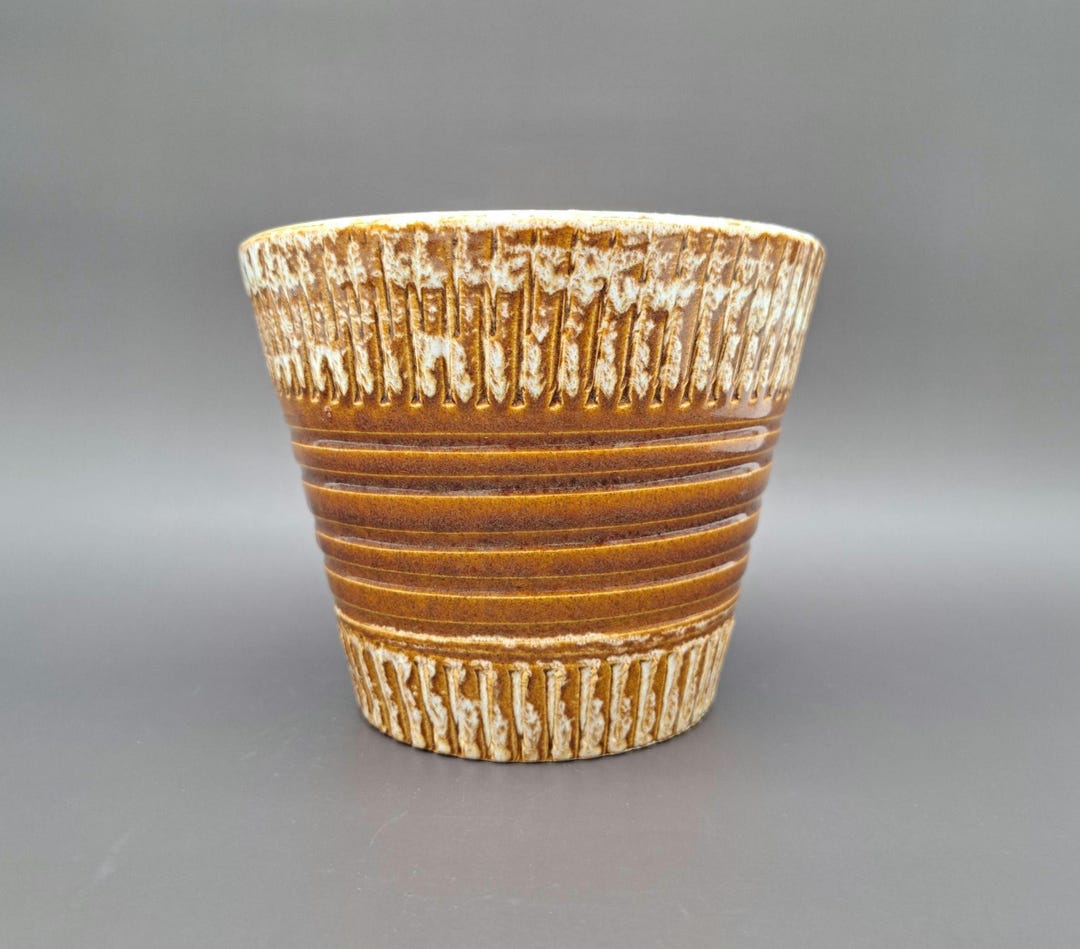 Vintage Cachepot Midden Eeuwse Bloempot Jaren 60 Okergeel Wit Aardewerk ...