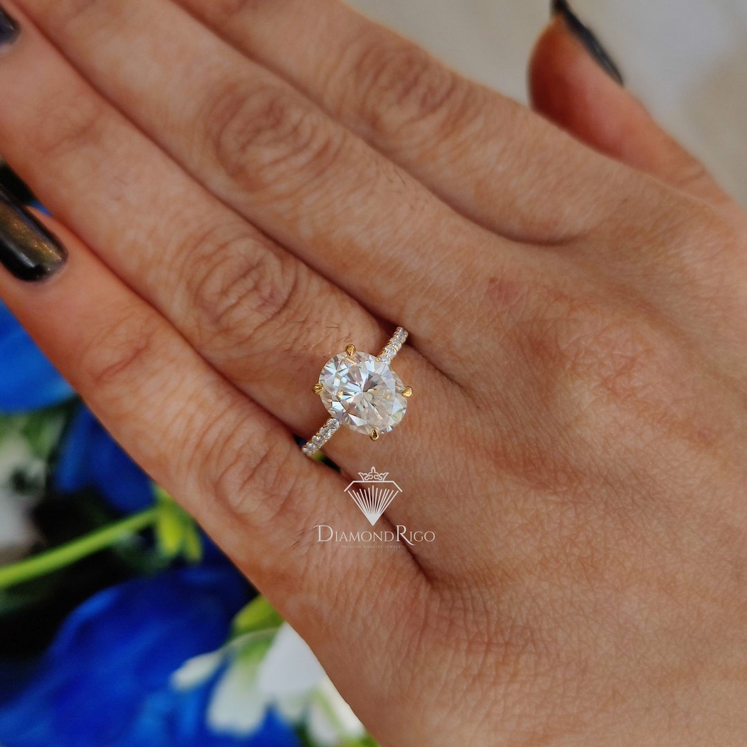 Oval Ring, 10x8 Mm Moissanite Solitaire Ring/ Engagement Ring/ Hidden ...