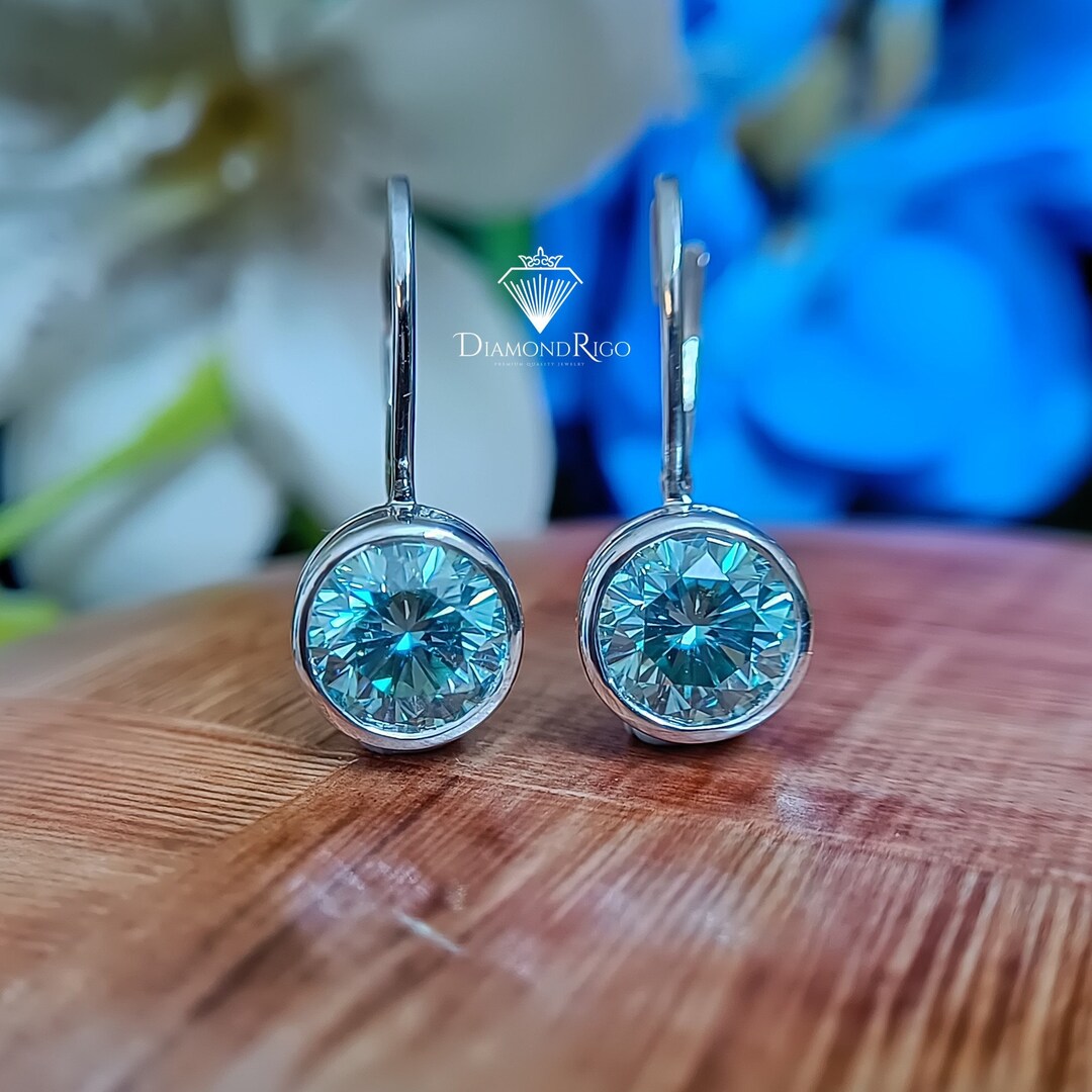 Blue Color Round Moissanite Earring, Dangle Drop Bezel Set Engagement ...