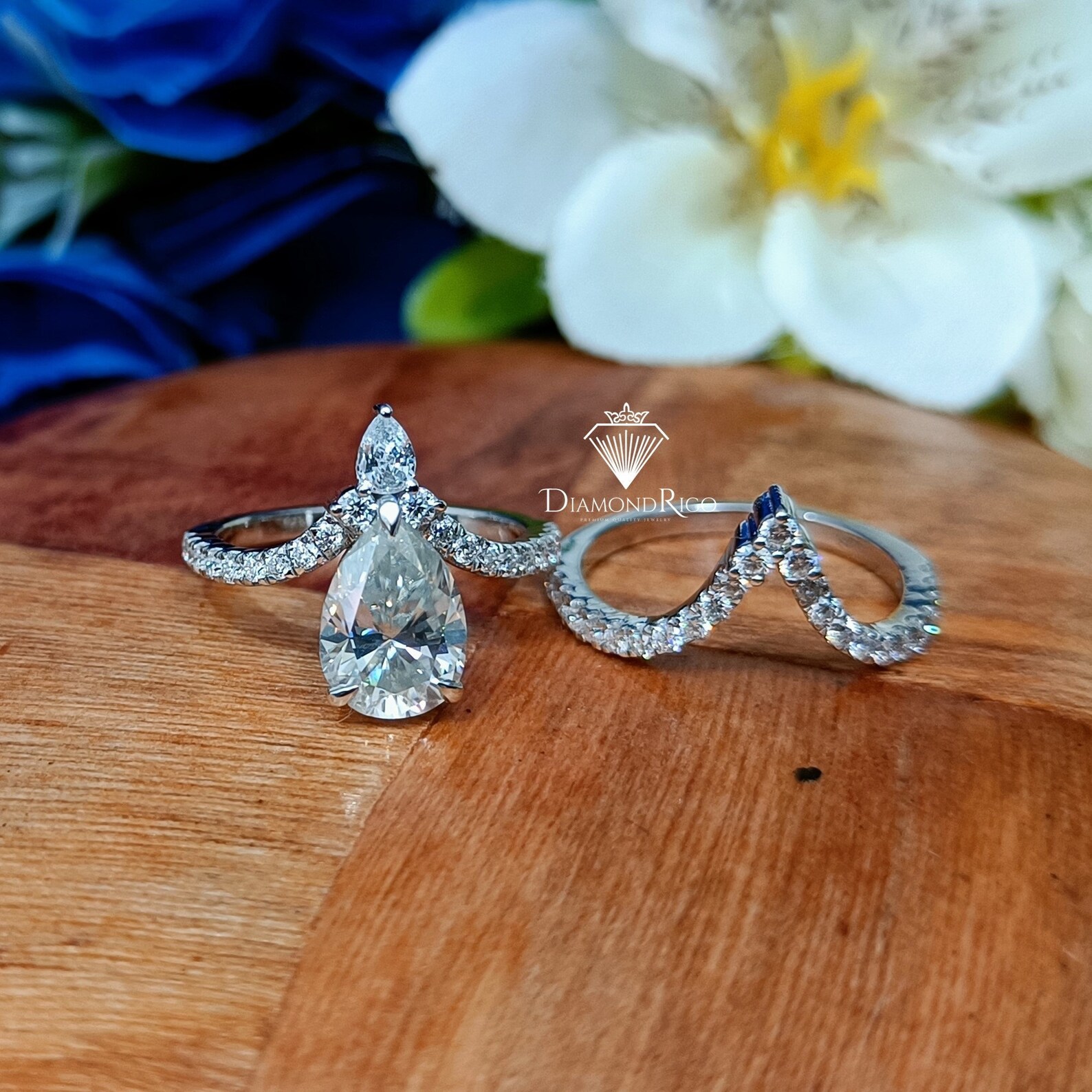 Chevron Pear Engagement Ring Set Accented Solitaire Wedding - Etsy