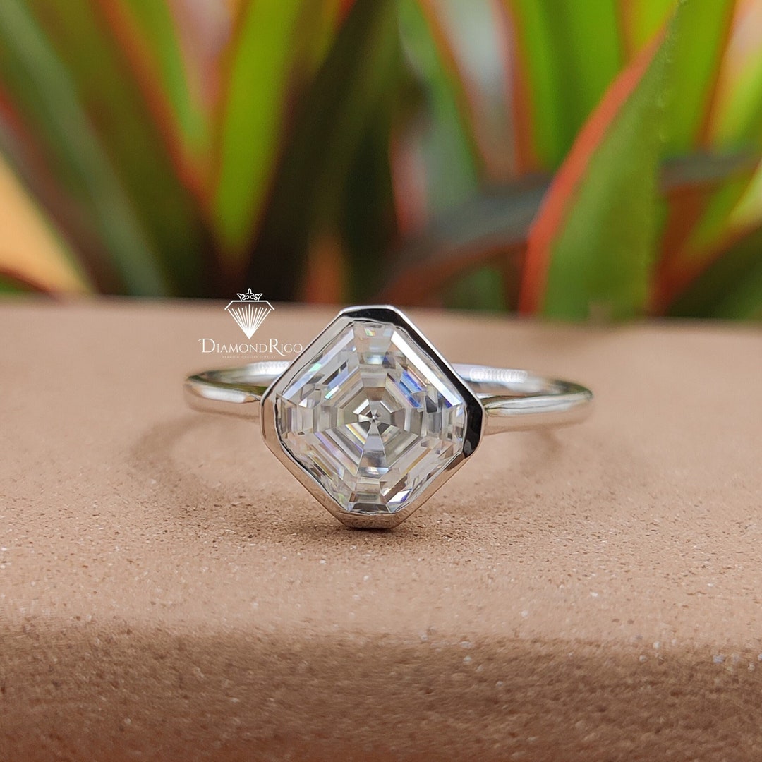 Asscher Cut Bezel Set 3 CT Moissanite Engagement Wedding Ring Solitaire ...