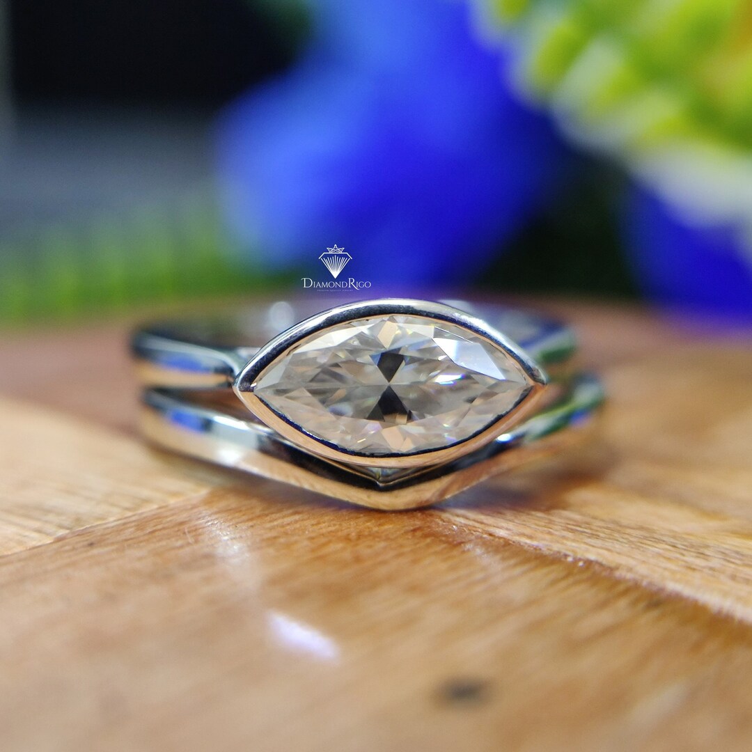 Platinum Bezel Set Engagement Ring Set, East West Fit Moissanite ...