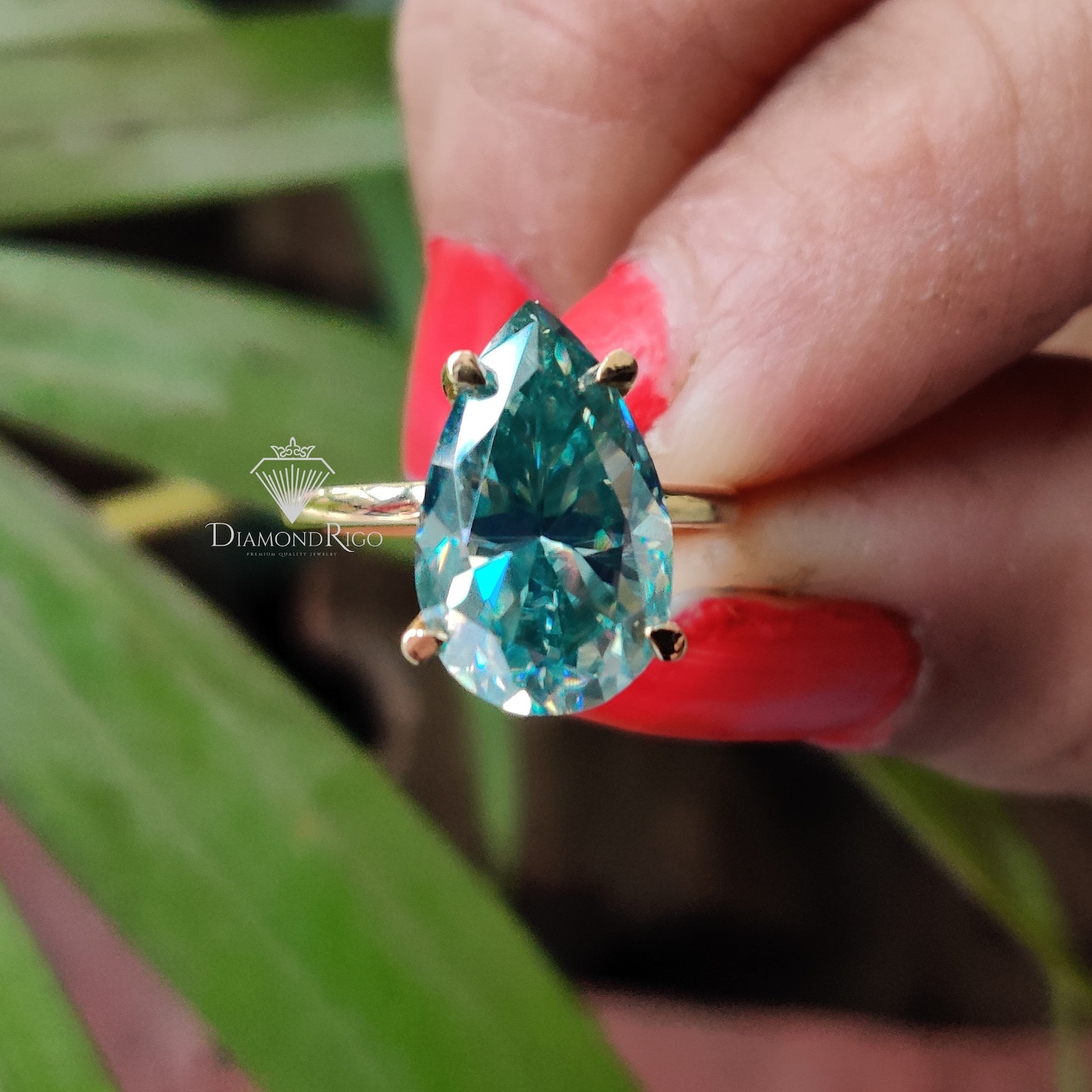 5CT Pear Solitaire Engagement Ring, Green Pear Moissanite Ring, Wedding ...