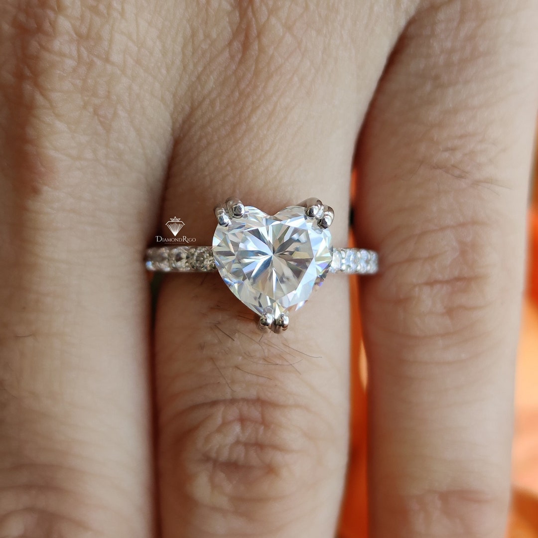 9.5mm Heart Cut Engagement Ring, Moissanite Solitaire Ring, Matching ...
