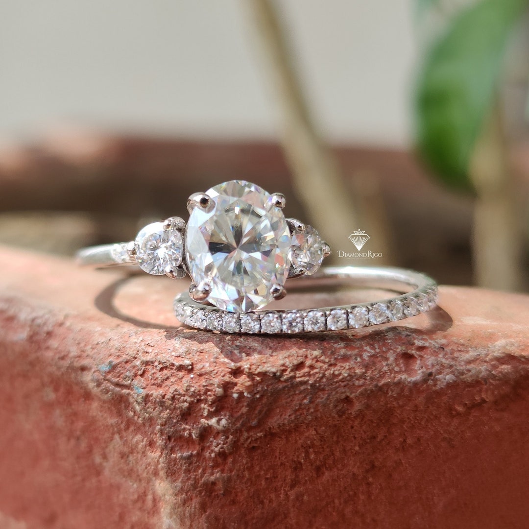 Moissanite Wedding Ring Set, Platinum Engagement Ring Set, Solitaire ...