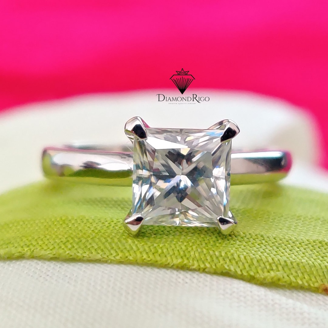 Pointed Prong Princess Cut Solitaire Ring, 2CT Moissanite Engagement ...
