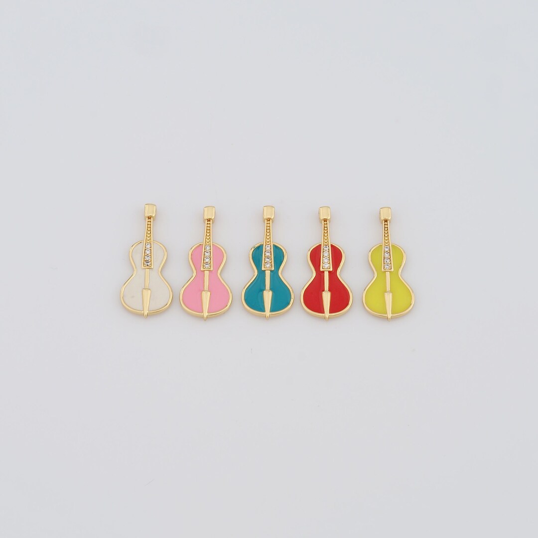 18K Gold Filled Cello Pendant, Micropavé CZ Instrument Charms, Enamel ...