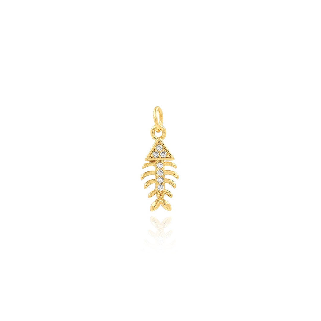 Gold Fish Bone Pendant Necklace, 18K Gold Filled Fish Bone Charm, Micro ...