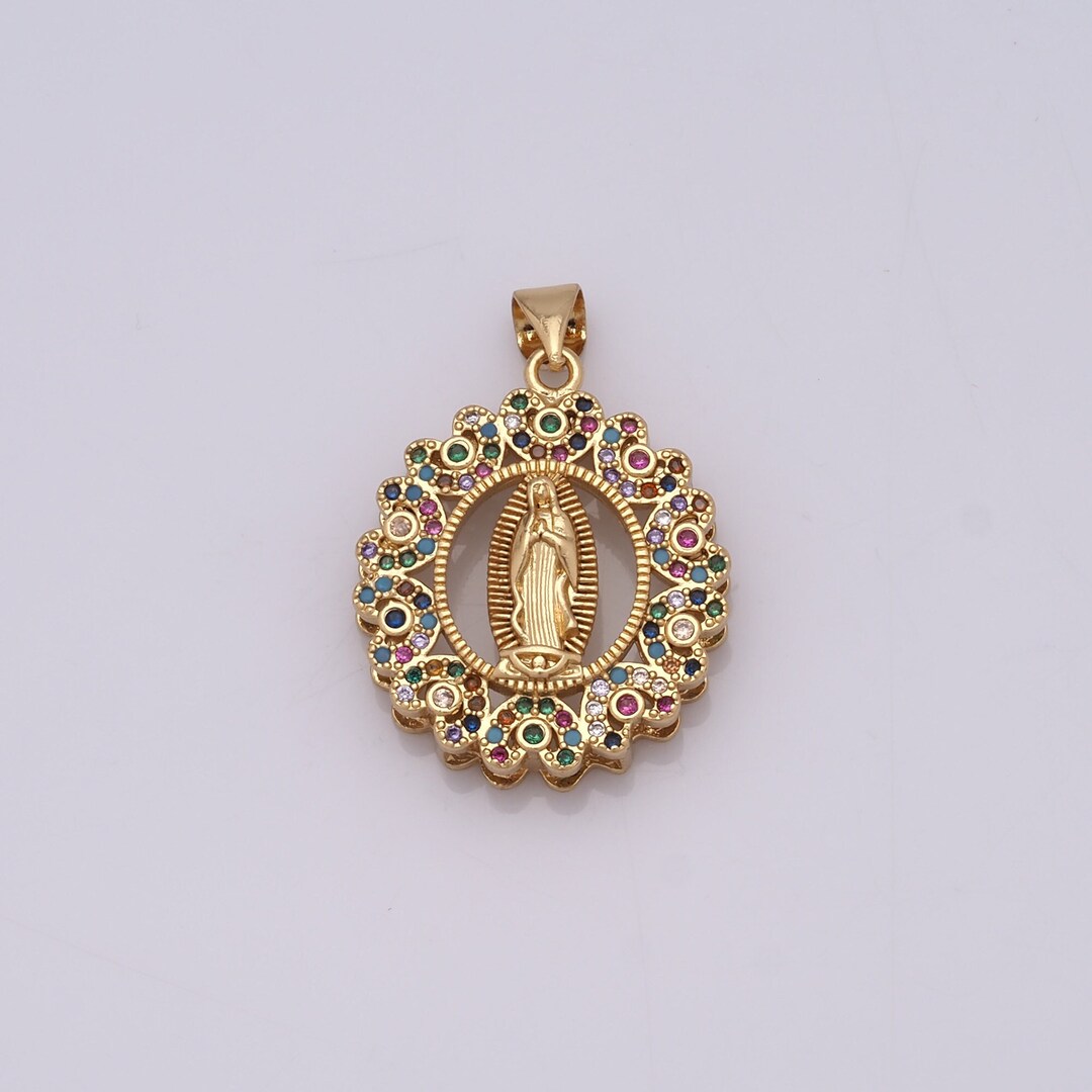 18K Gold Filled Virgin Mary Pendant, Micro Pave CZ Round Pendant ...