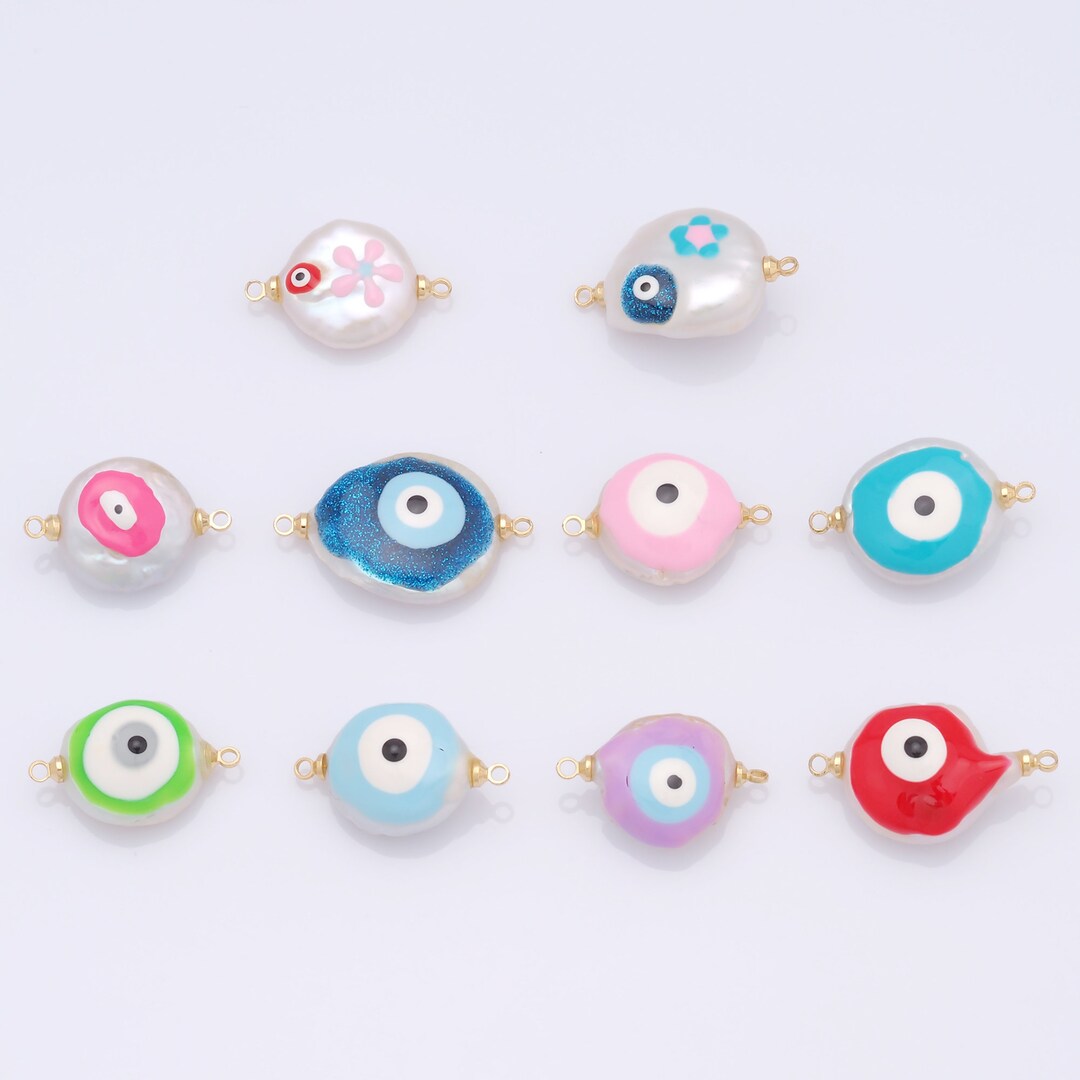 18K Gold Filled Devil's Eye Connector, Enamel Connector, Baroque Pearl ...