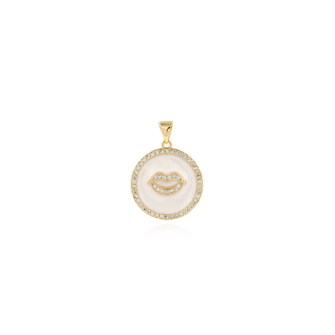 Enamel Lips Charm, 18K Gold Filled Round Charm, Lip Necklace, Micropavé ...
