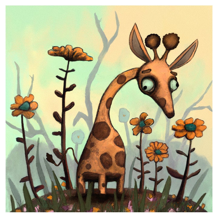 Quirky Home Decor Whimsical Giraffe Digital Art Print 8x8in Giraffe Art ...