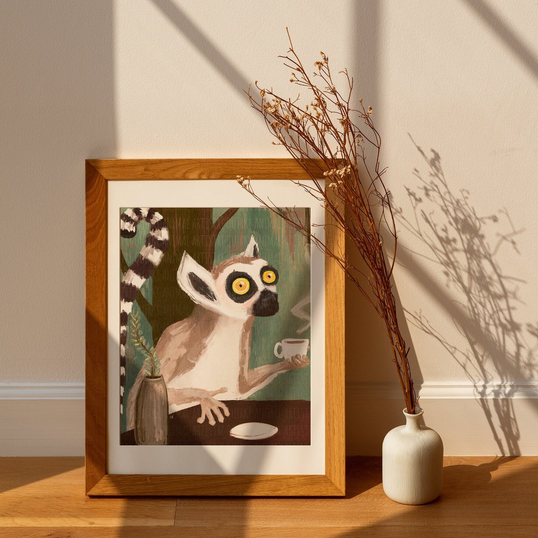 Quirky Lemur Coffee Print Funny Animal Art Wall Decor - Etsy