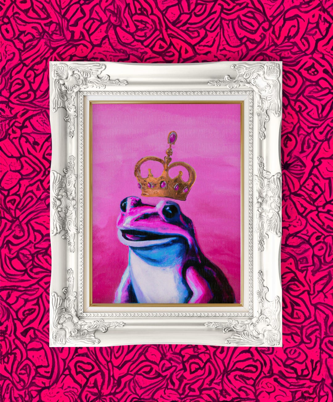 Quirky Frog Print Pink Wall Art, Funny Frog Wearing a Crown, Frog Lover ...