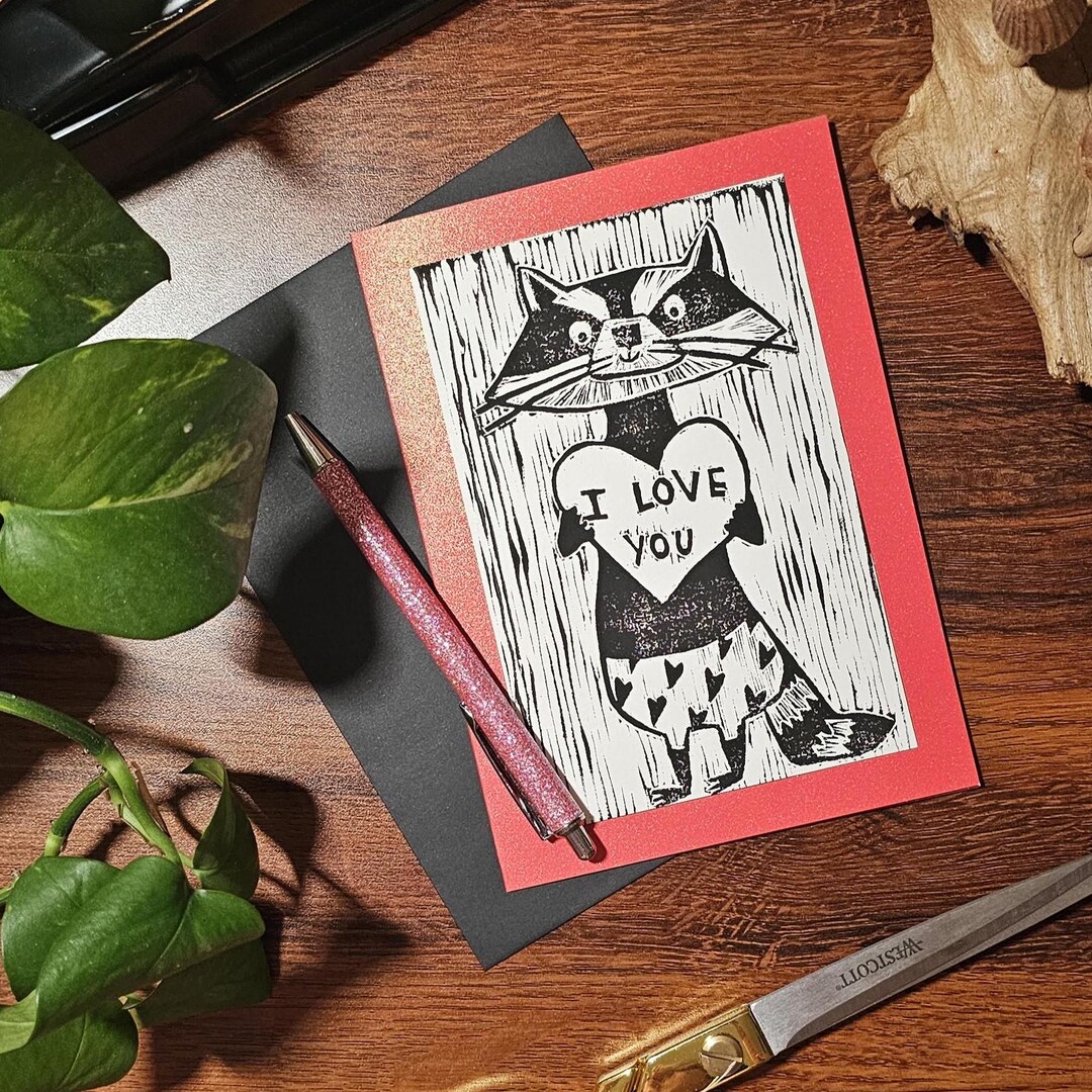 Raccoon Linocut Card –5x7 Greeting Card or 4x6 Frameable Art I Love You ...