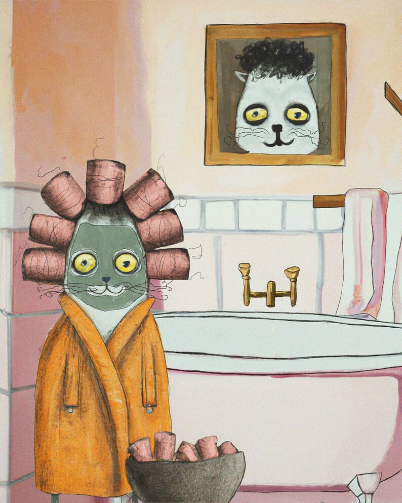 Quirky Cat Bath Art Print Quirky Cat Home Decor Funny Animal - Etsy
