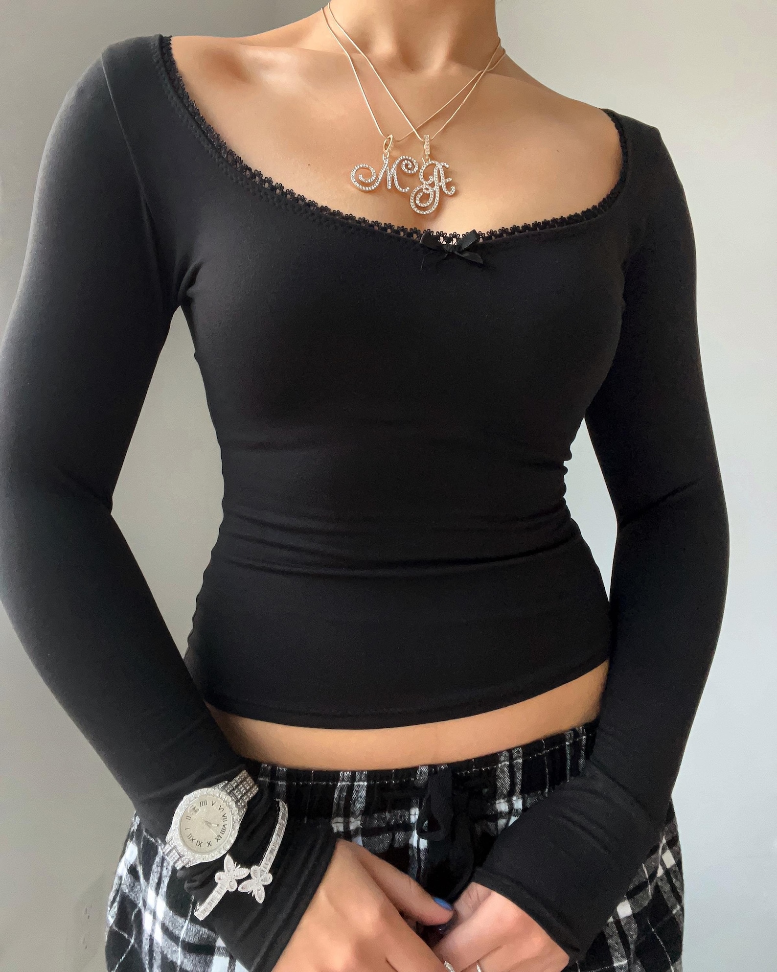 Handmade Black Long Sleeve Top Knit Top Mini Bow Y2k 2000s Full Length ...