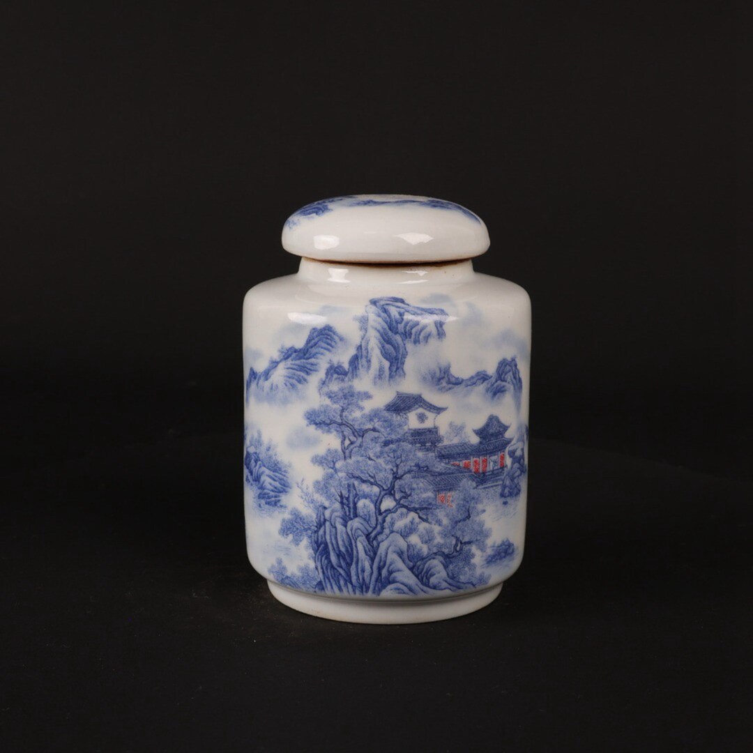 Chinese Antique Tea Jar With Blue and White Landscape Patterns - Etsy