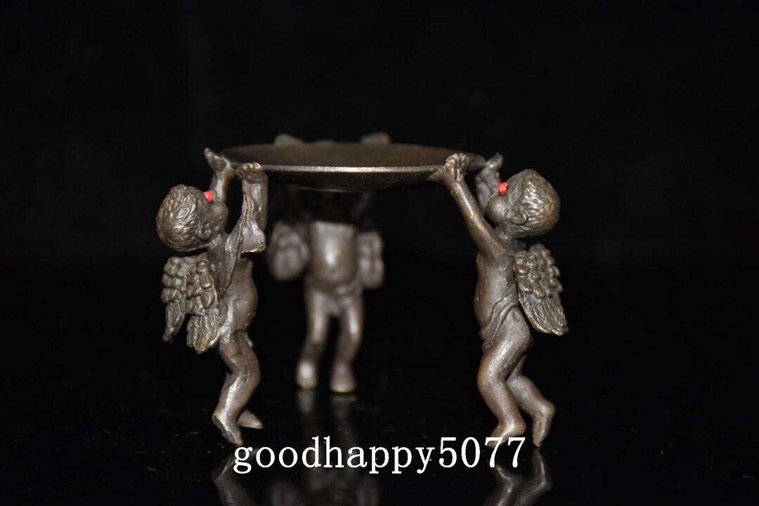 Artwork Pure Hand-carved Pure Copper Inlaid Gemstone Three-leg Angel ...