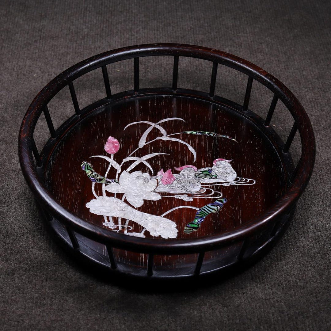 Pear Wood Inlaid With Shells, Mandarin Ducks Playing in the Water ...