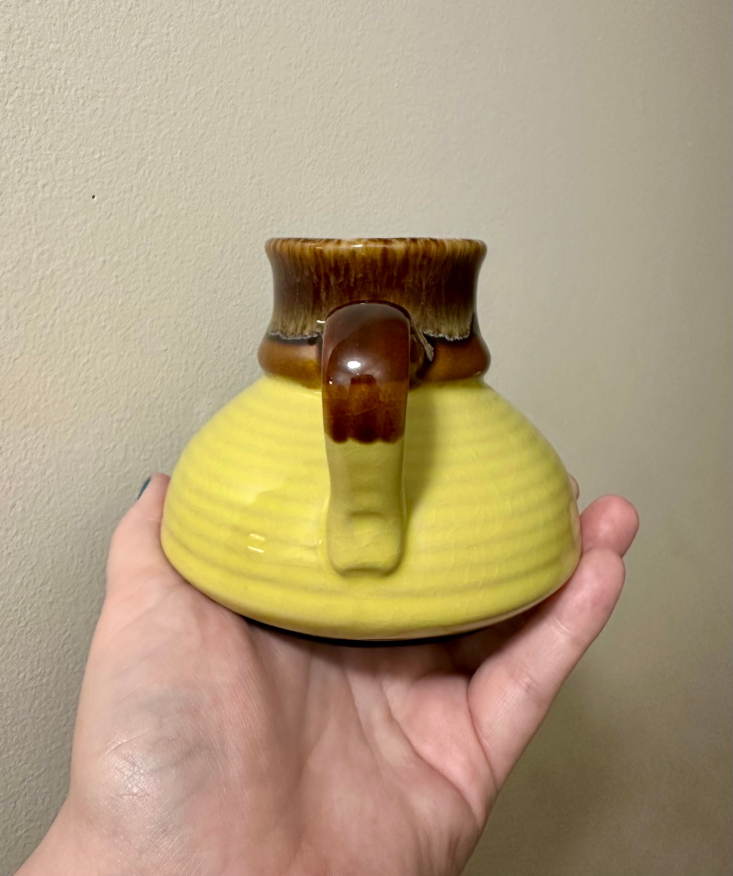Vintage No Spill Travel Yellow and Brown Drip Glazed Ribbed Pottery Mug ...