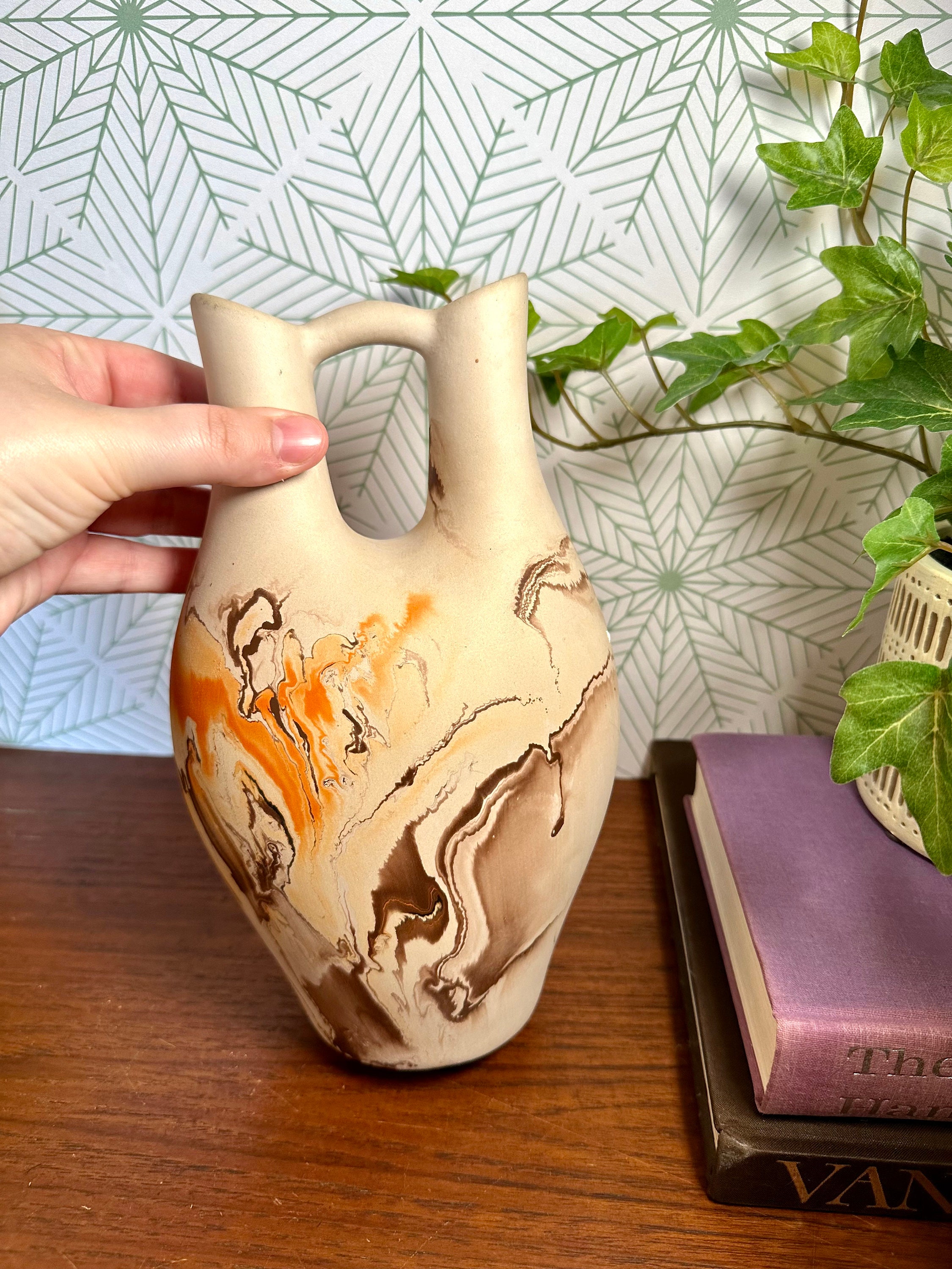 Vintage Nemadji Pottery Large Wedding Vase Orange and Brown Swirl - Etsy