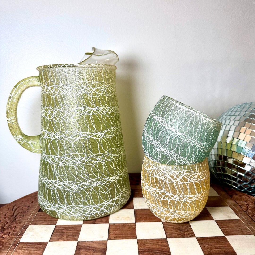 Vintage MCM Spaghetti String Glass Pitcher & Two Roly Poly Glasses ...