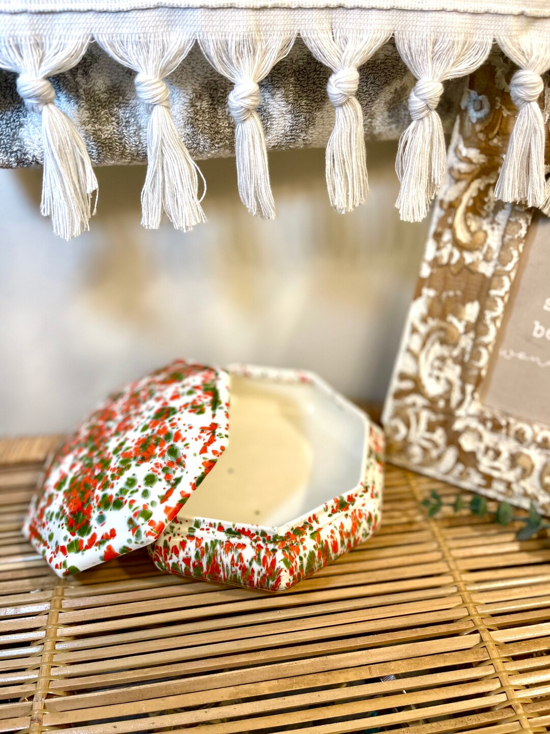 Vintage Splatterware Pottery Lidded Stasher: Red, White, and Green ...