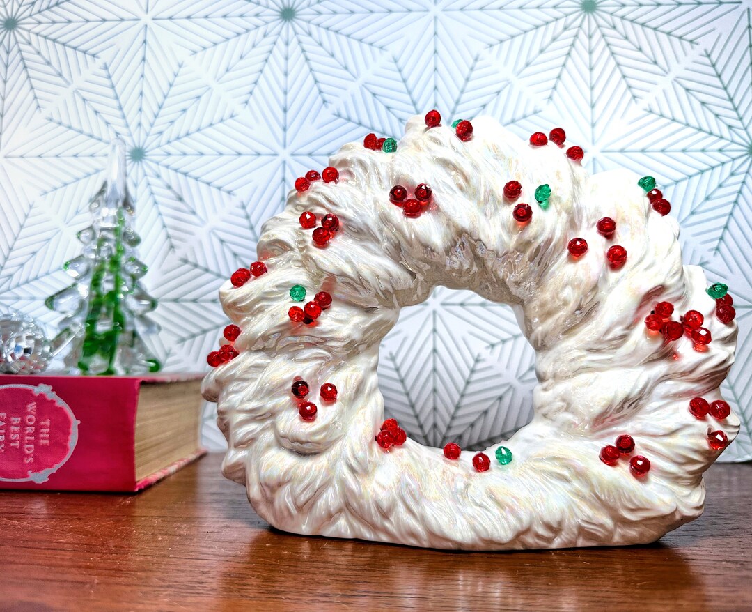 Vintage Iridescent Glaze Ceramic Wreath With Holly Colored Bulbs by ...