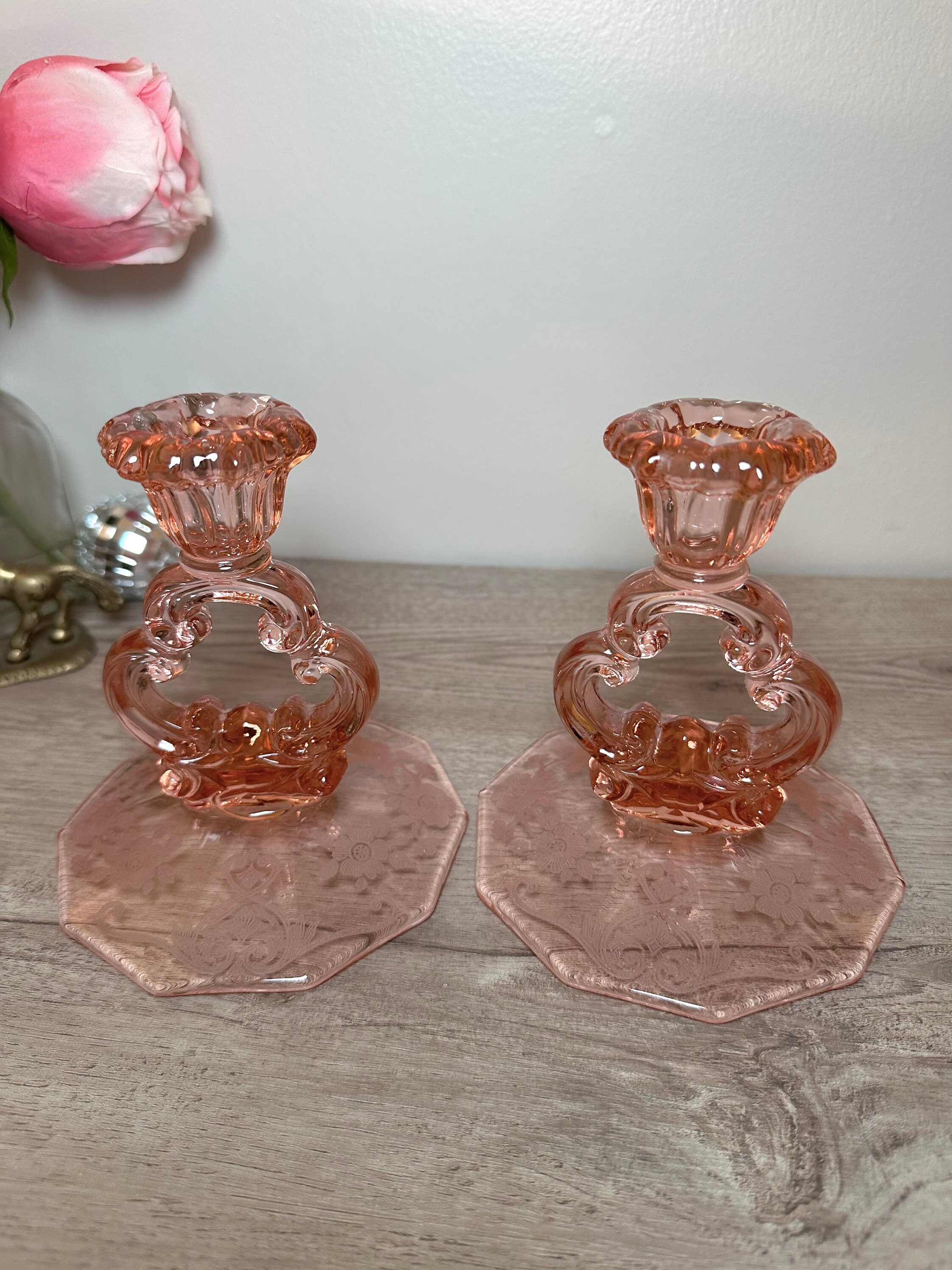 Vintage Pair of Cambridge Glass Apple Blossom Etch Keyhole Pink Glass ...