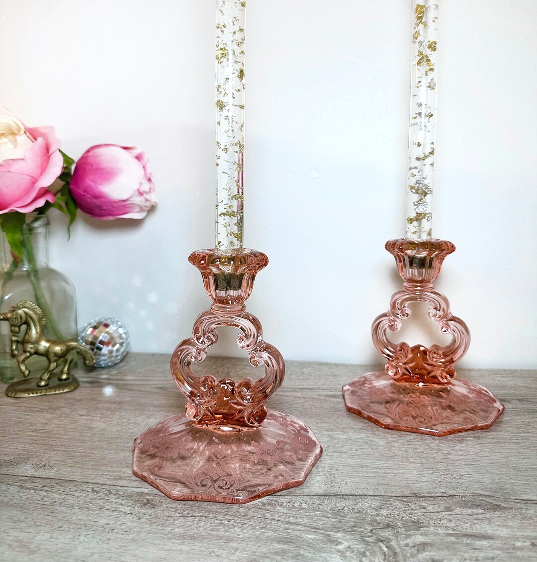 Vintage Pair of Cambridge Glass Apple Blossom Etch Keyhole Pink Glass ...