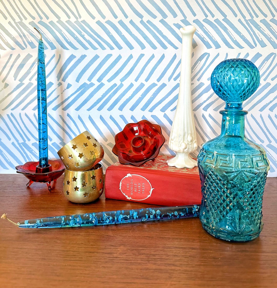 Vintage Variety- Blue Lucite Candles, Fairytales Book, Blue Glass ...