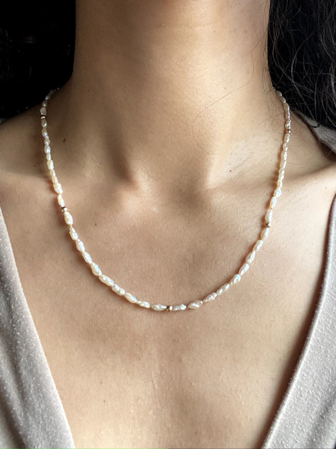 Vintage 14K Gold & Rice Pearl Necklace - Etsy