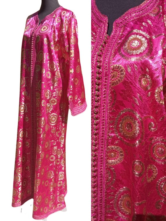1960s vintage pink Caftan BROCADE dress with Gold, Vi… - Gem