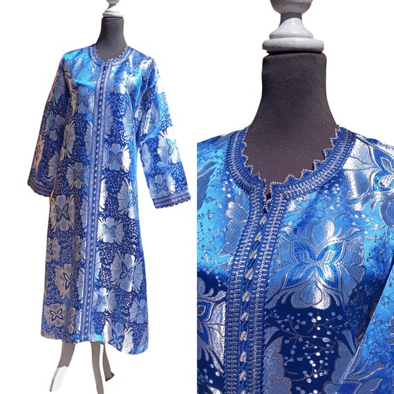 Elegant Vintage 60s Blue Beocade Metallic Silver Caft… - Gem
