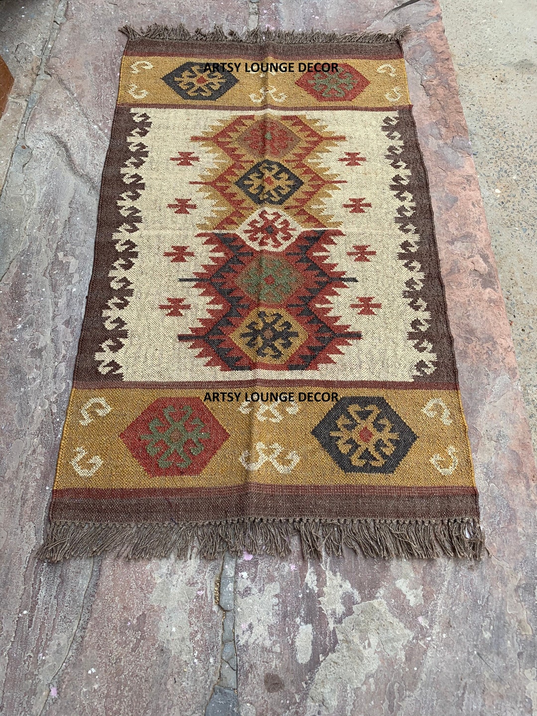Handmade Wool Jute Rug, Navajo Kilim Rug, Aztec Rug, Accent Rug, Rustic ...