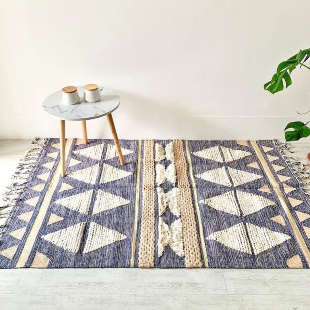 Blue Denim Bohemian Moroccon Inspired, Hand Woven Wool Cotton Rug ...